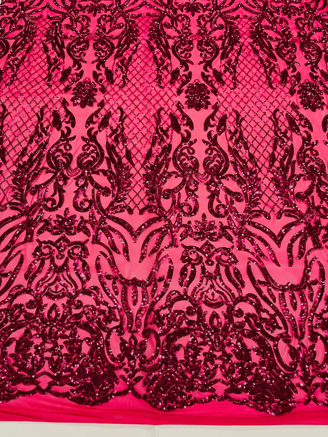 Fuchsia Sequins Lace Fabric on Mesh Damask Design Embroidered - Etsy