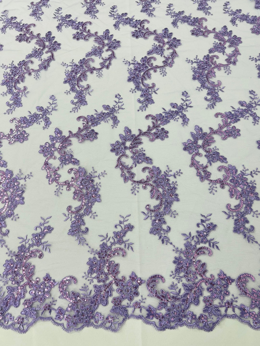 Lavender Floral Sequin Lace Fabric: Embroidered Mesh, Bridal Gown by ...