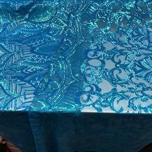 Iridescent Turquoise Sequin Fabric: Royalty Embroidered Mesh, Prom Gown ...