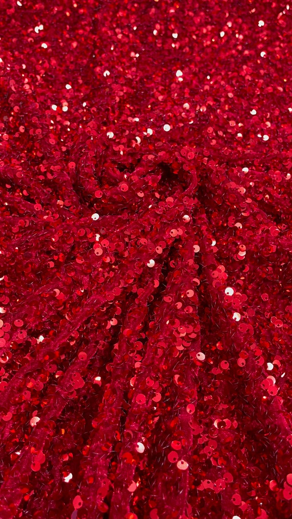 Red Sequin Fabric on Cranberry Stretch Velvet by the Yard | Etsy