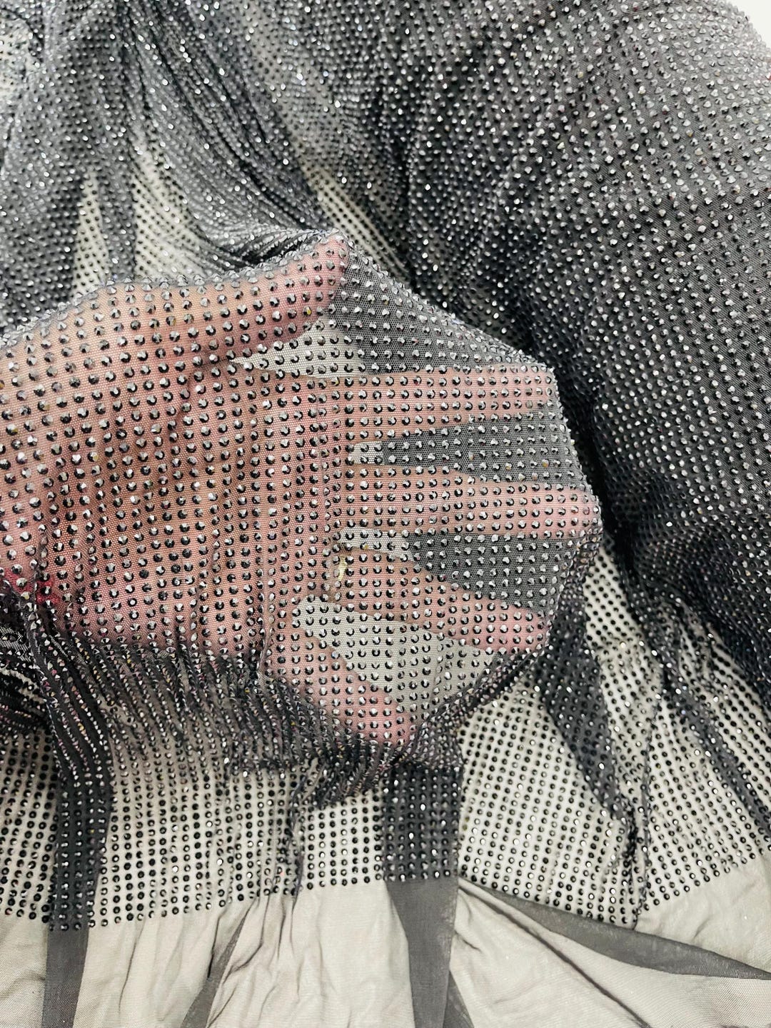 Black Rhinestones Fabric on Black Power Mesh Nylon Spandex With ...