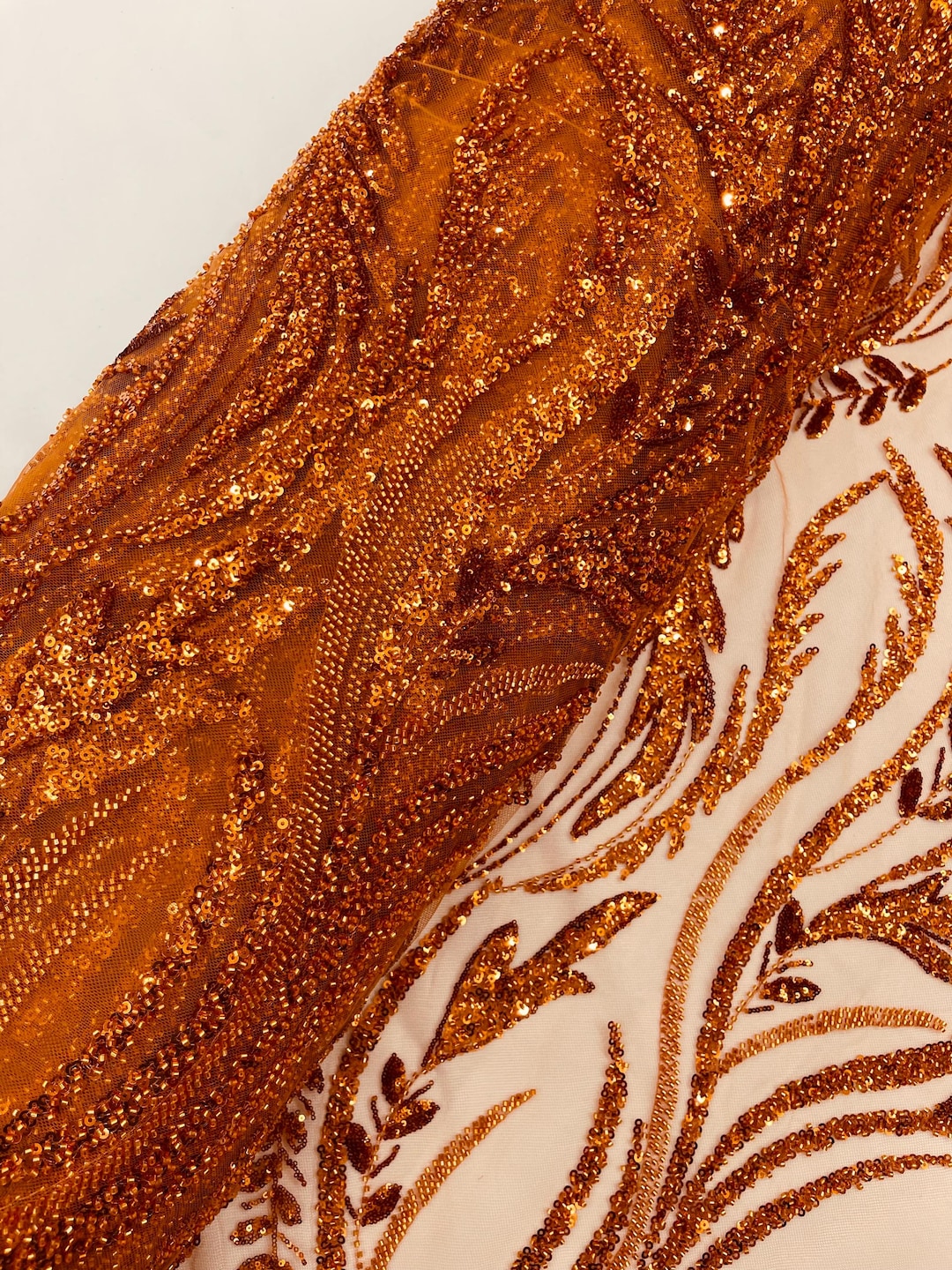 Burnt Orange Beaded Fabric: Embroidered Leaf Pattern, Bridal Wedding ...