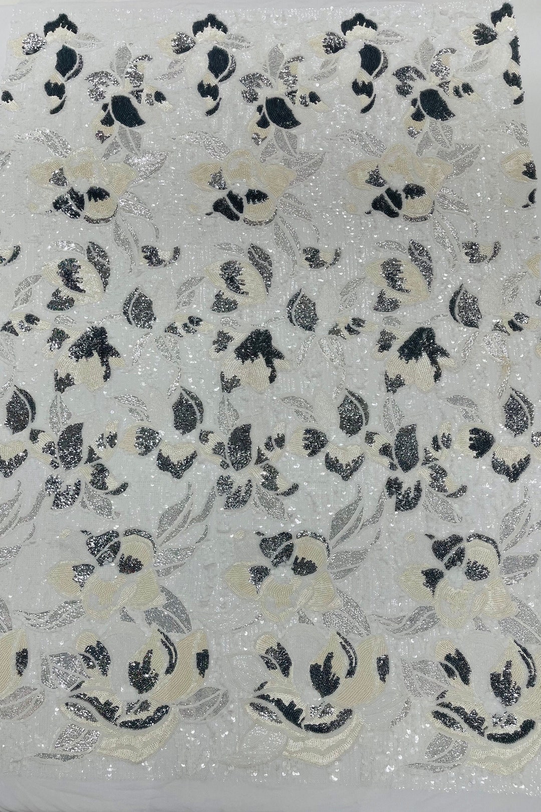 White/silver Sequin Fabric Orchid Flower Desing by the Yard Embroidery ...