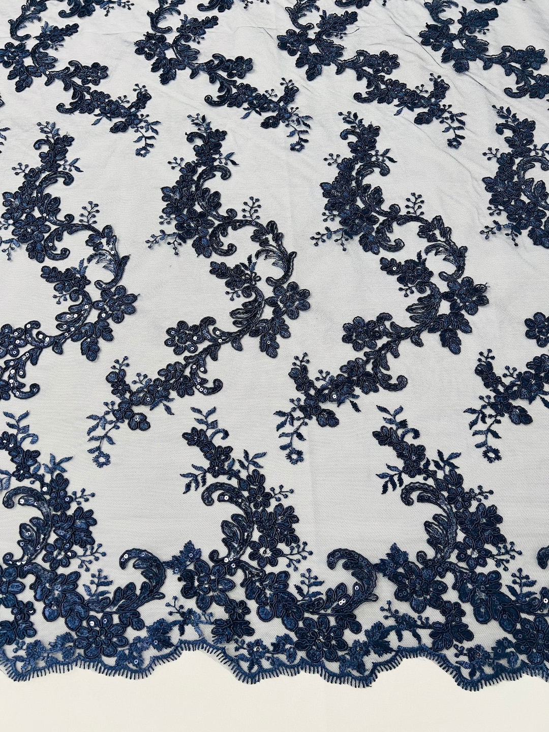 Navy Blue Floral Lace Fabric, by the Yard - Embroidery With Sequins on ...