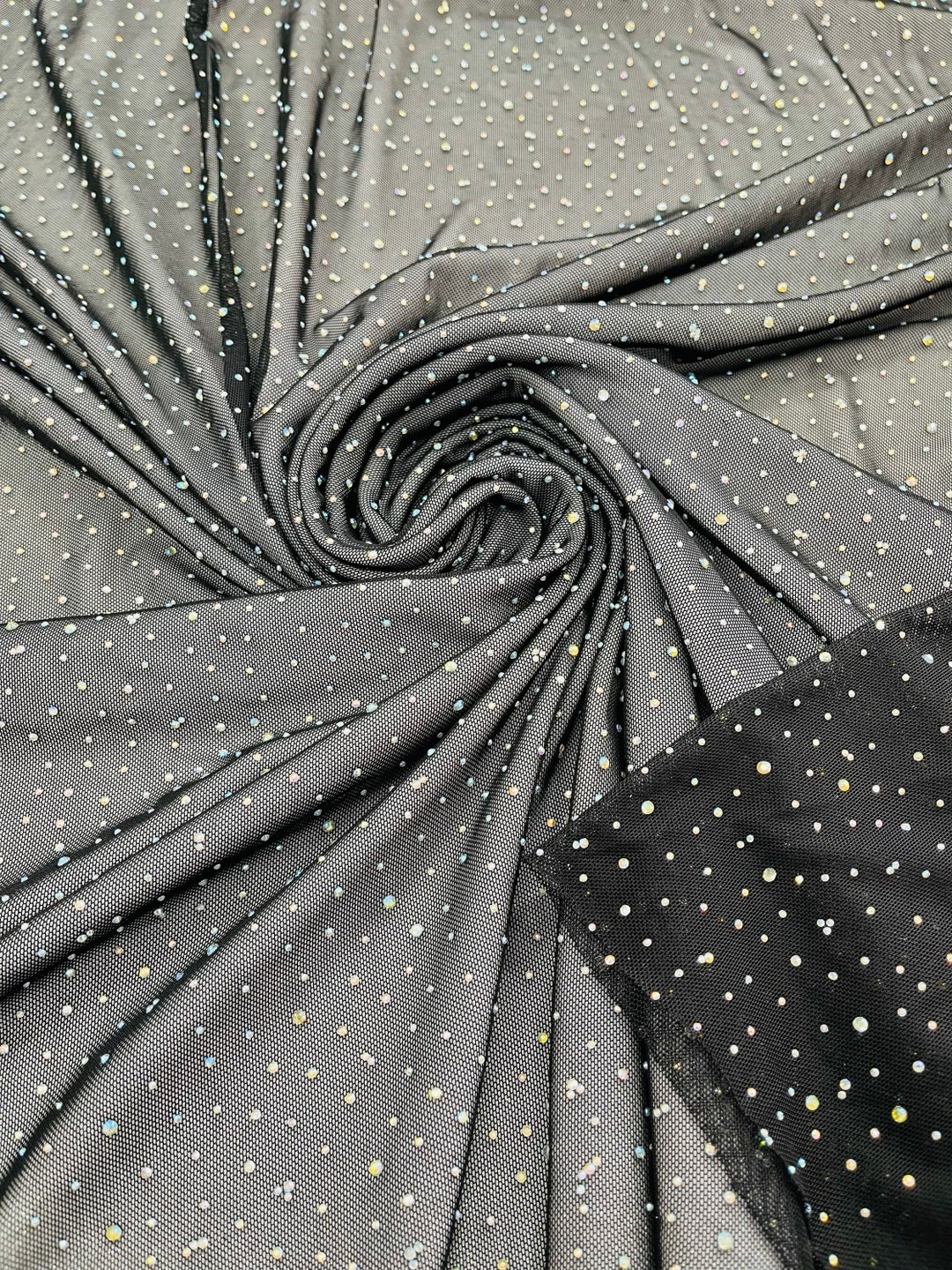 Black | AB Rhinestones Fabric on Black Power Mesh Polyester Spandex ...