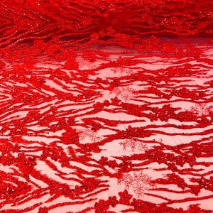 Beaded Fabric - Red - Embroidered Flower Line Mesh Lace Fabric With ...