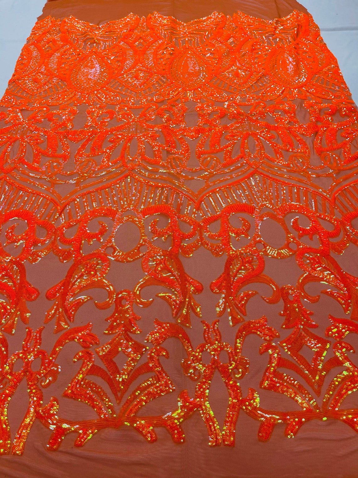 New Iridescent Neon Orange Sequins on Mesh Royalty Design on | Etsy