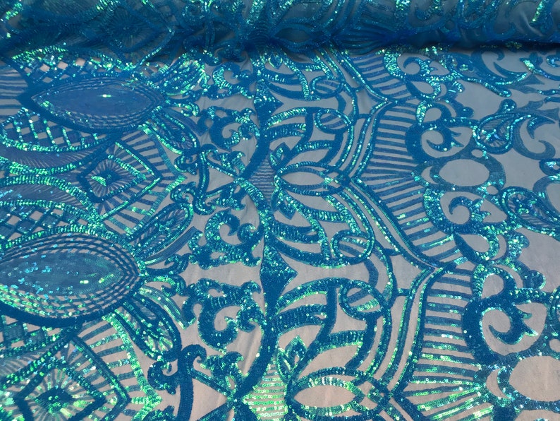Iridescent Turquoise Sequin Fabric Royalty Design Embroidered | Etsy