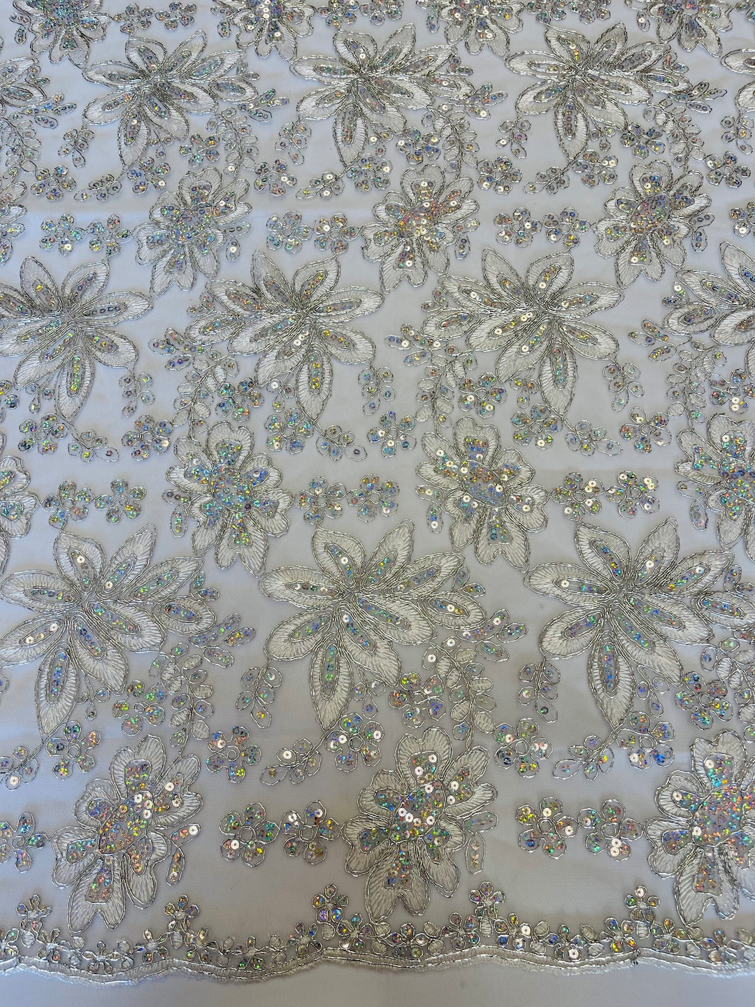 Silver Holographic With Metallic Thread Flower Design Embroidered With ...