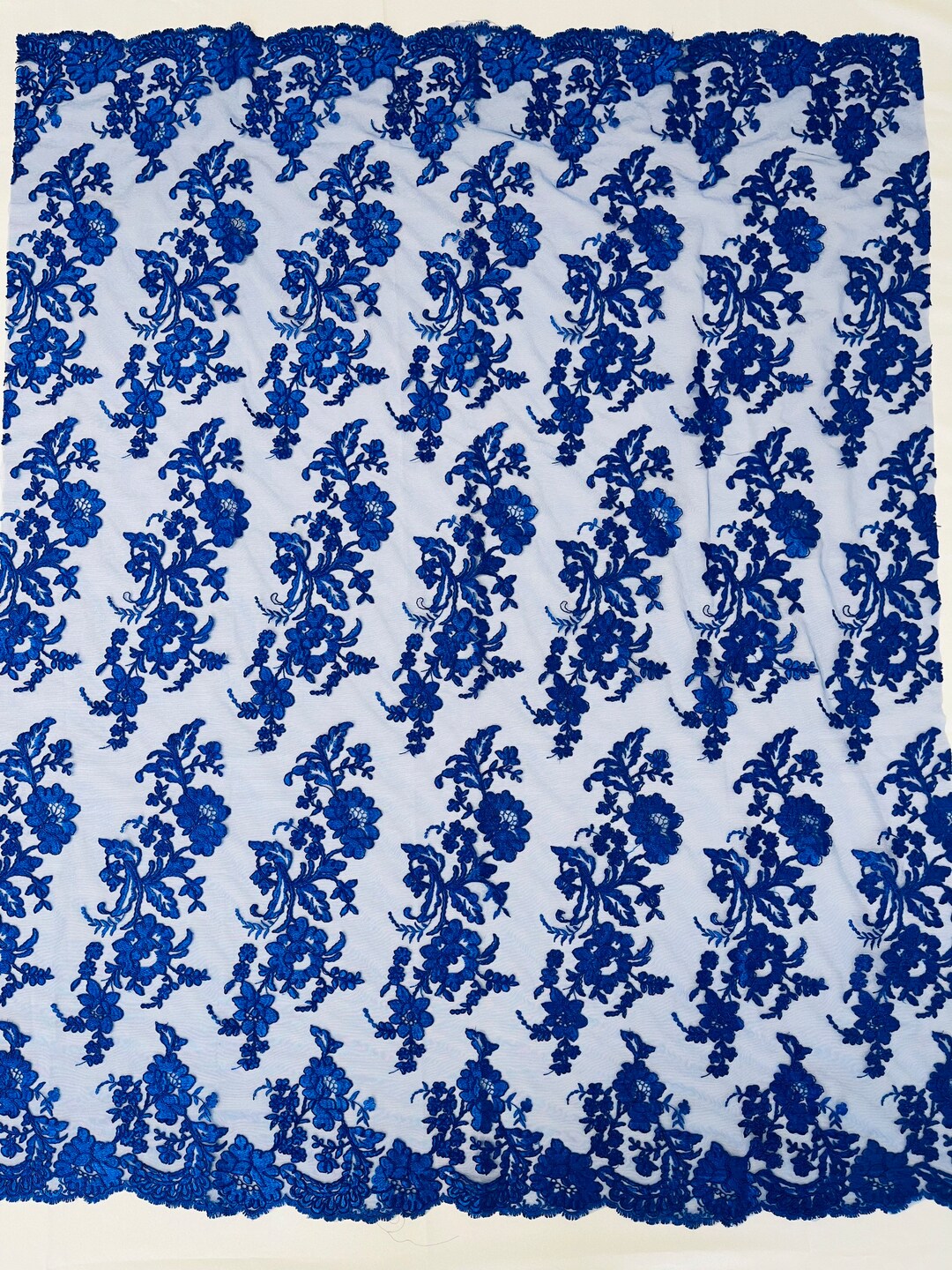 Royal Blue Flower Design Embroidered on Mesh Lace Fabric, Floral Bridal ...