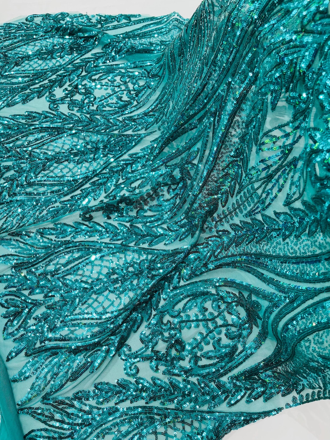 Teal Green Sequin Fabric 4 Way Stretch Damask Design Sequins on Spandex ...