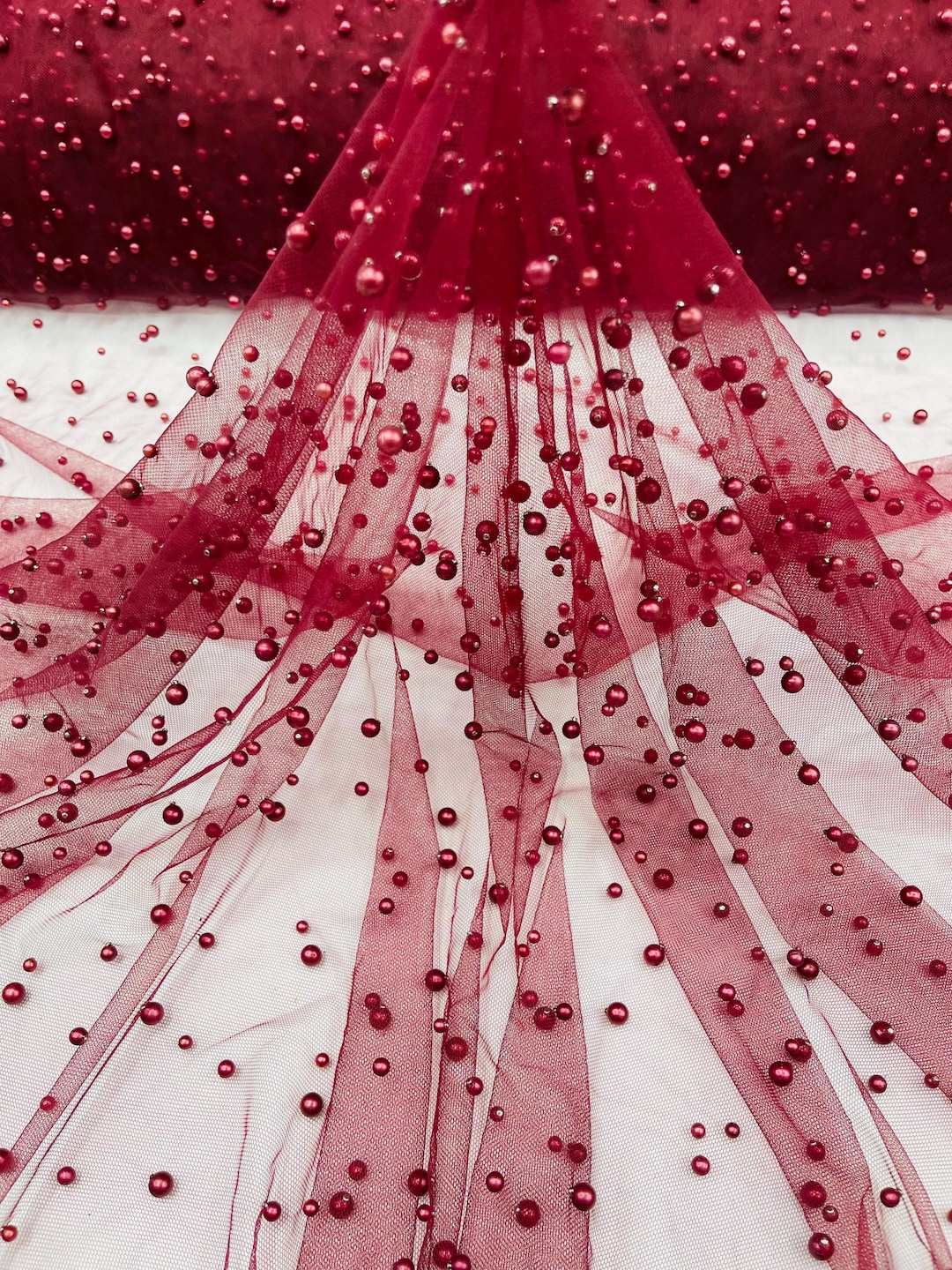 Burgundy, Scattered Pearls Studded Mesh, by the Yard - 2 Way Stretch ...