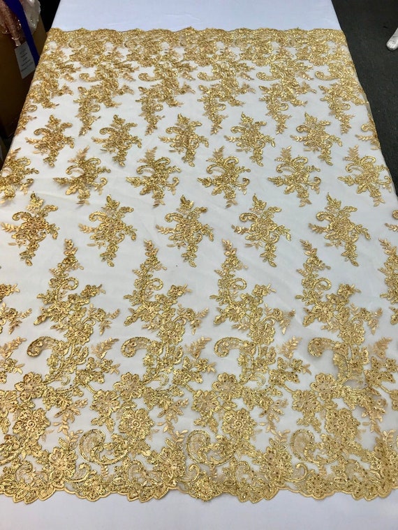 Gold Flower Lace Fabric Floral Clusters Embroidered With | Etsy
