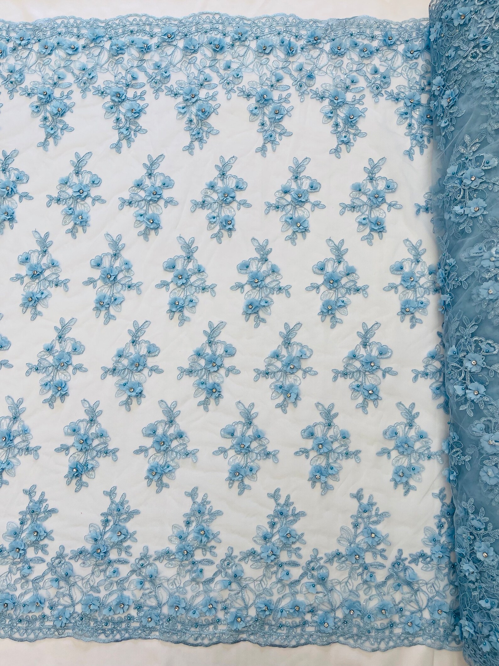 Baby Blue 3D Floral Embroidery Lace Fabric With Rhinestones & Sequins ...