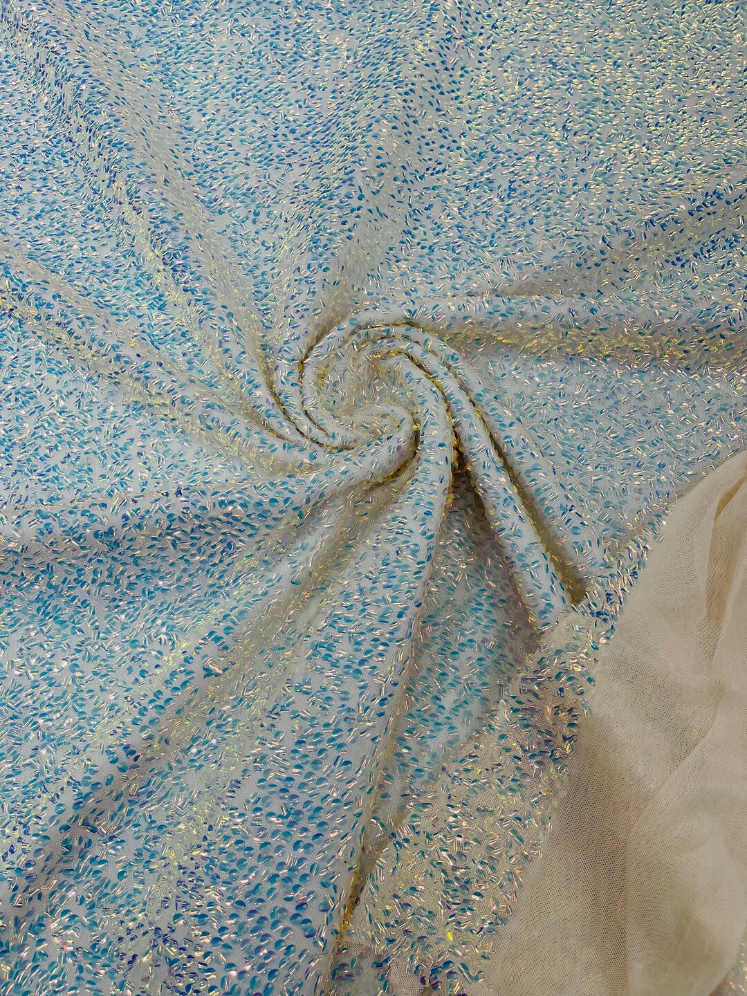 Mia Clear Iridescent Sequin Fabric on Ivory Power Mesh, 4 Way Stretch ...