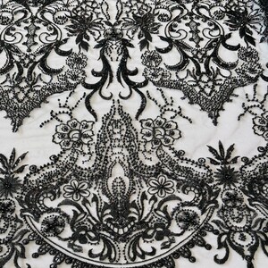Black Beaded Fabric by the Yard, Bridal Wedding Beaded, Damask Pattern ...