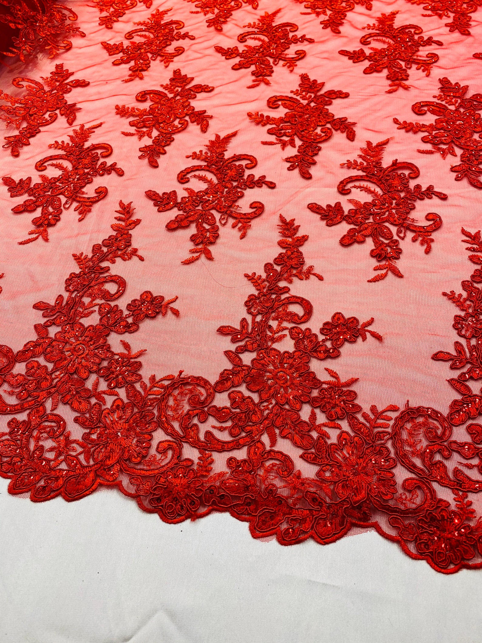 Red Lace Fabric Corded Flower Embroidery With Sequins on a - Etsy