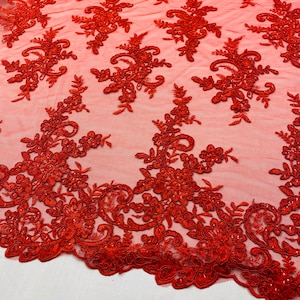 Red Lace Fabric, Corded Flower Embroidery With Sequins on a Mesh Lace ...
