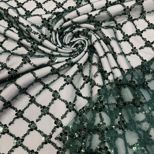 Hunter Green Geometric Pattern Bead Fabric, Embroidery Beaded Sequins ...