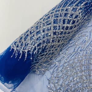 Royal Blue Beaded Fabric by the Yard, Bridal Heavy Beaded, Damask ...