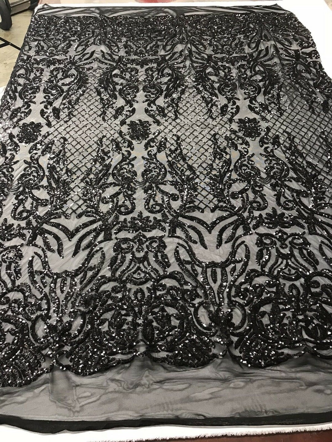 Black Sequin Embroidered a Mesh Spandex-prom-gown, 4 Way Stretch Sequin ...