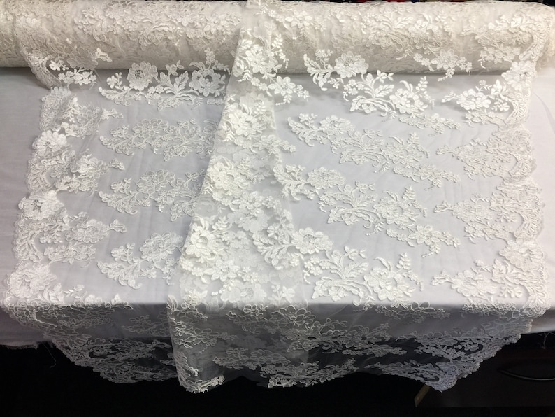 Ivory Floral Embroidered Mesh Lace Fabric, Scalloped Bridal Wedding ...