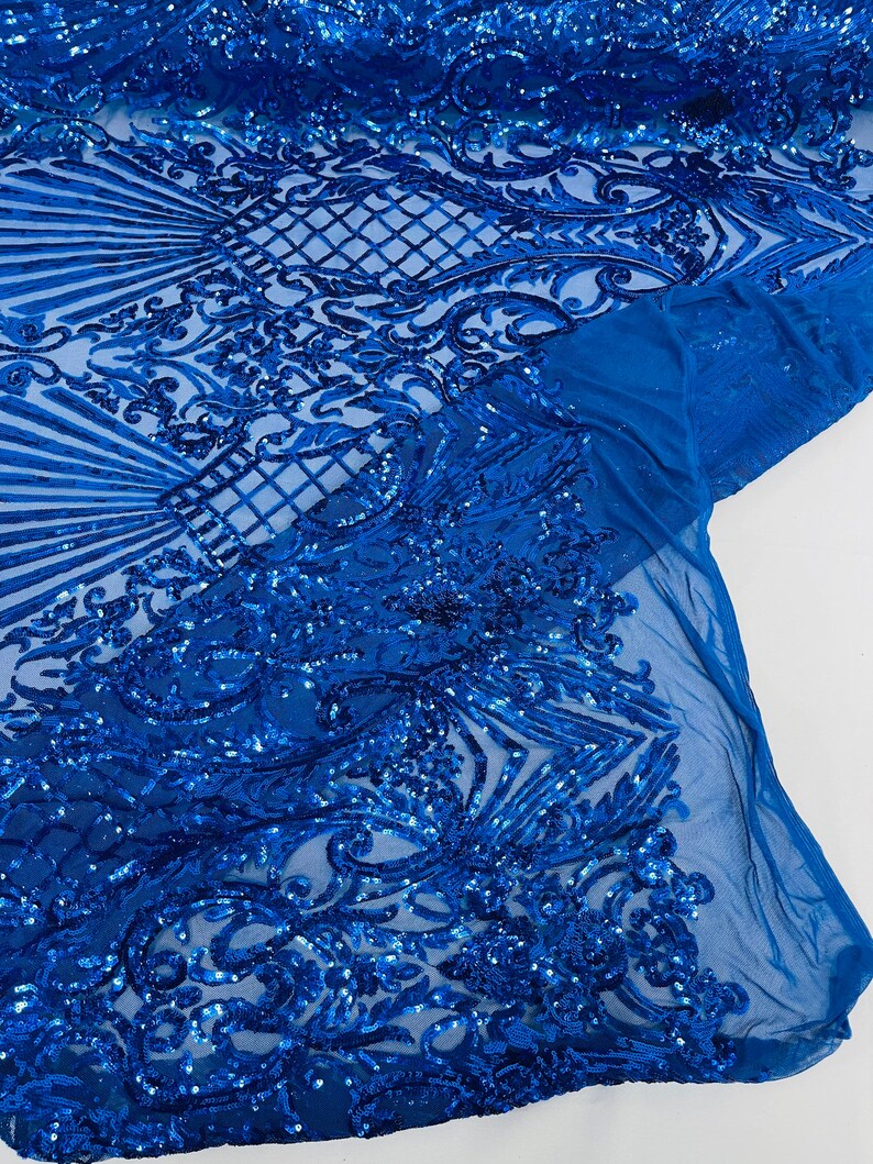 Royal Blue Sequin Fabric Selena Damask Design on a 4 Way - Etsy