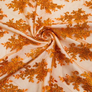 Metallic Orange Corded Embroider With Sequins on a Mesh Lace Fabric ...