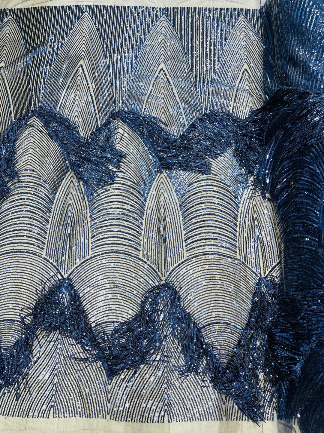 Navy Blue Fringe Sequins on a Mesh, Navy Fringe Design Embroidered on 2 ...