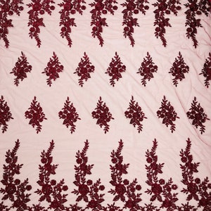 Burgundy Floral Pattern Beaded Fabric - Embroidered Beaded & Sequins ...