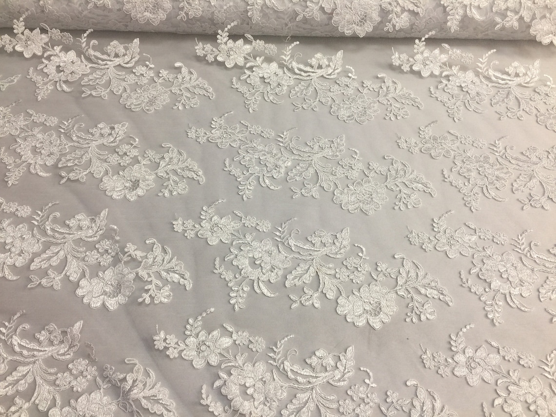 White Flower Embroidered Mesh Lace Fabric, Scalloped Bridal Wedding ...