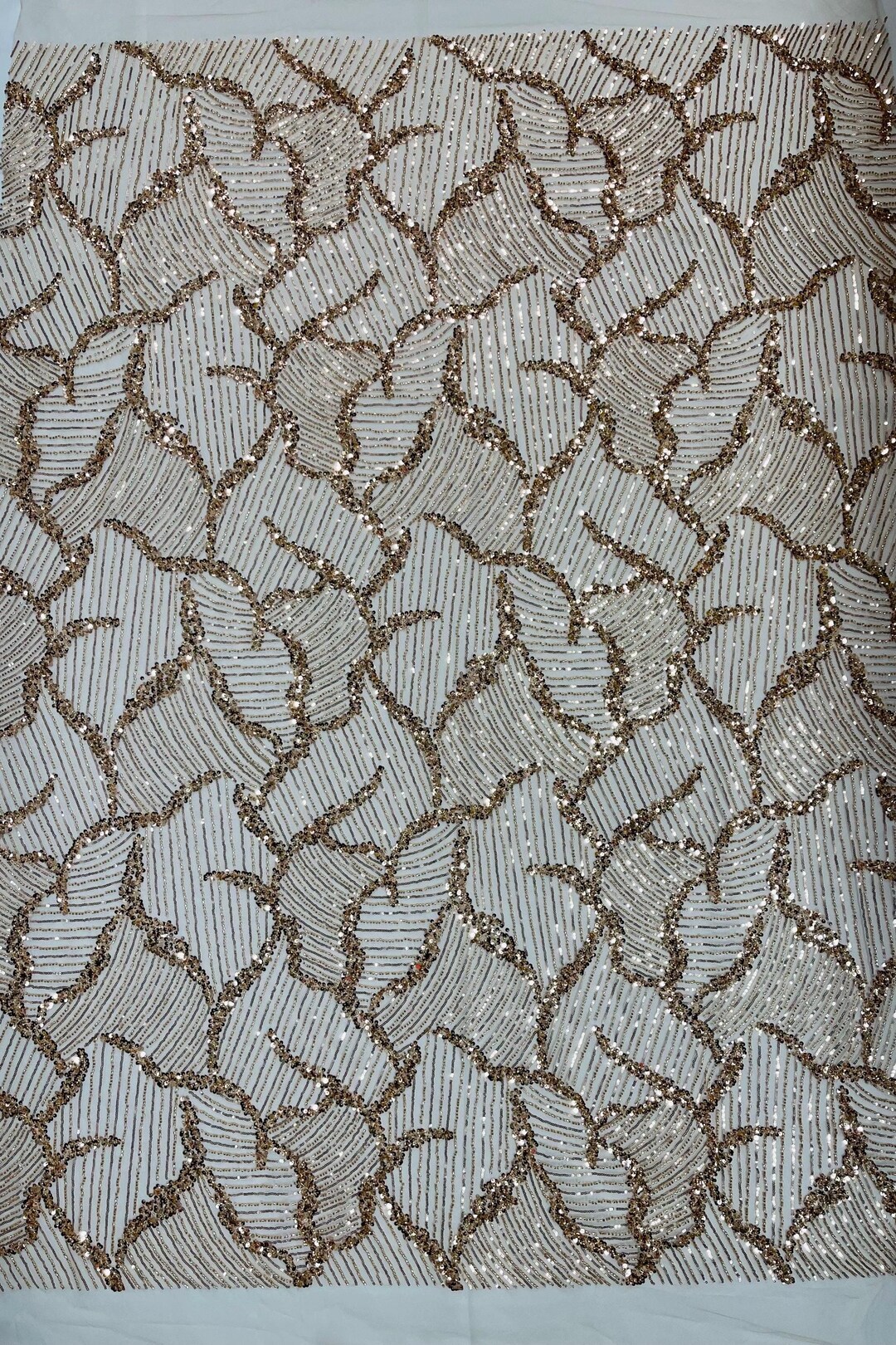 Champagne Beaded Fabric by the Yard, Bridal Beaded, Damask Pattern With ...