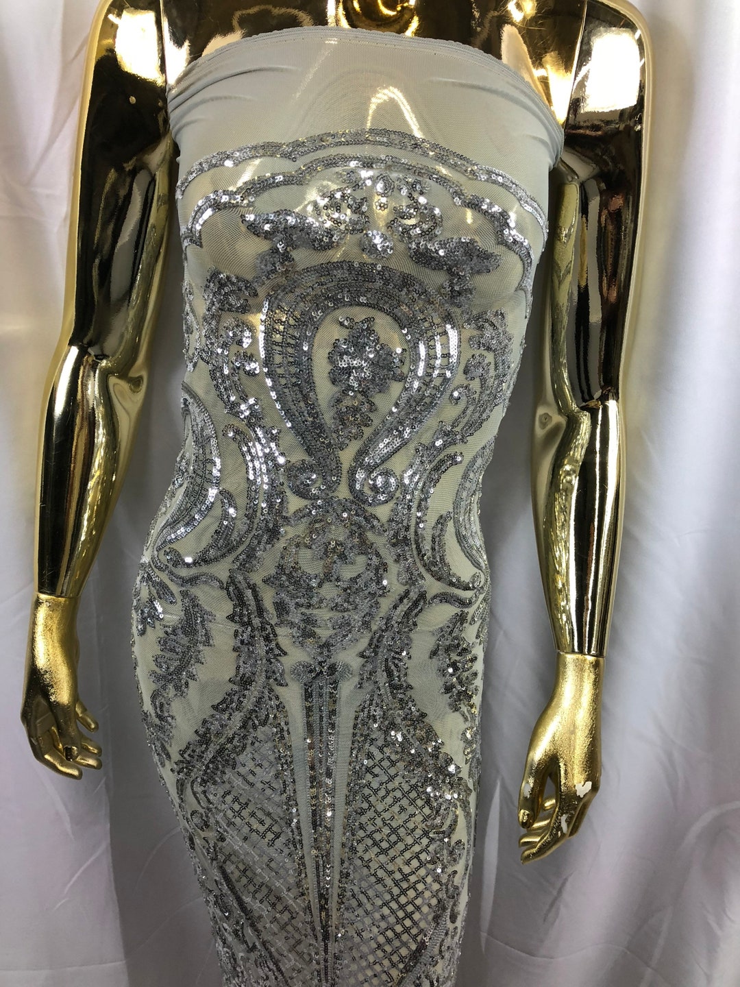Silver Sequin Lace Fabric: Damask Embroidered Mesh, 4-way Stretch - Etsy