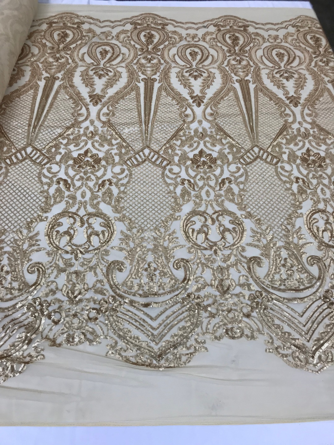 Matte Gold Sequin Lace Fabric: Damask Embroidered Mesh, 4-way Stretch ...