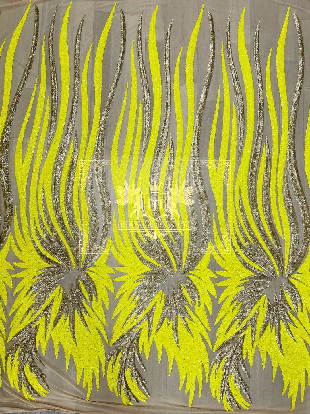 Yellow/matte Gold Sequins on Nude Mesh Angel Wings 4 Way Stretch Sequin ...