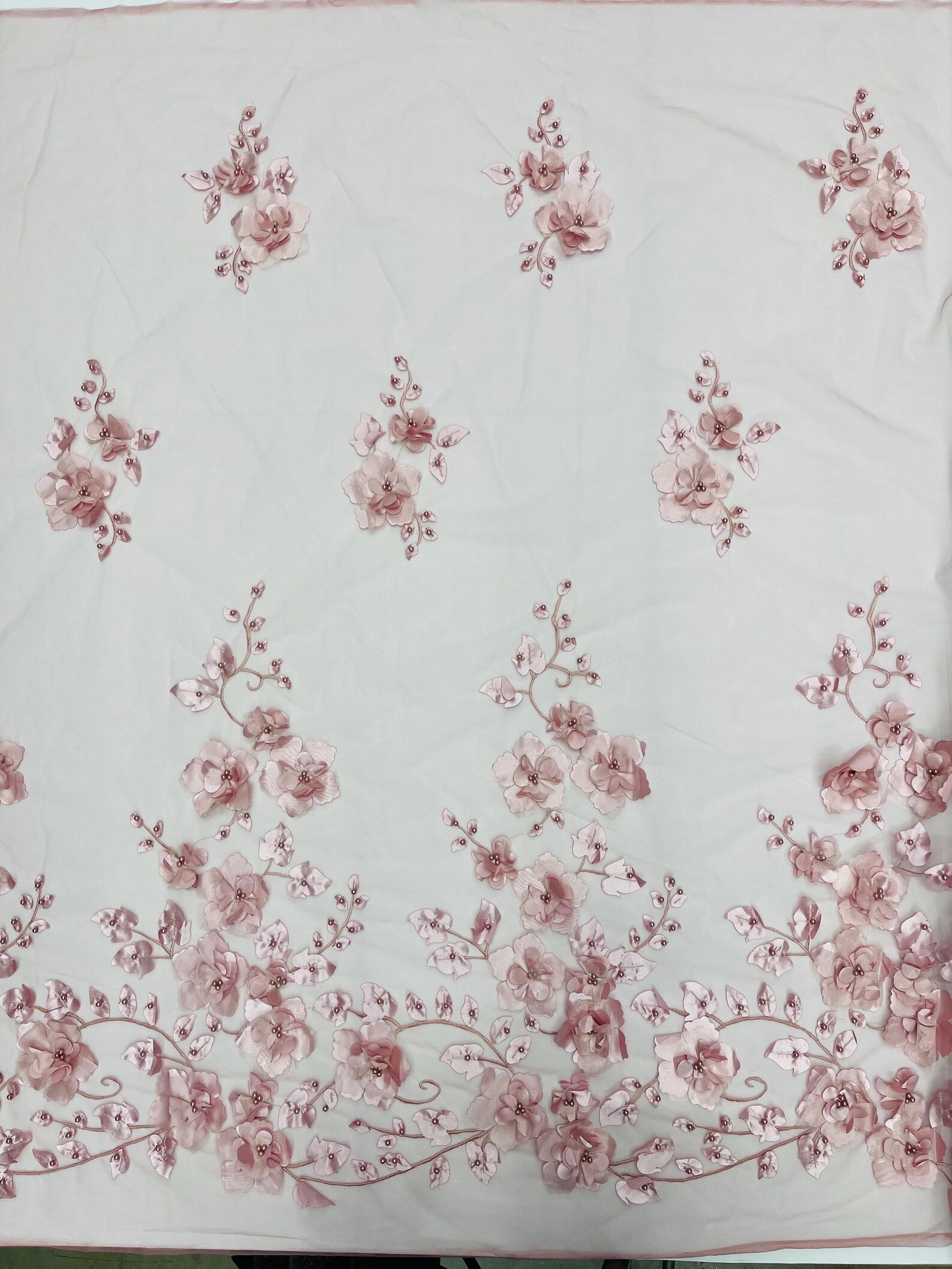 Dusty Rose 3D Floral Lace Fabric With Pearls - Prom Dress Fabric by the ...