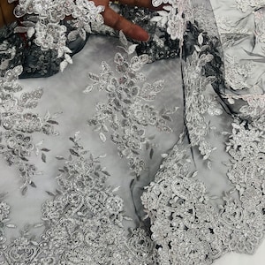 Metallic Silver Corded Embroider With Sequins on Black Mesh Lace Fabric ...