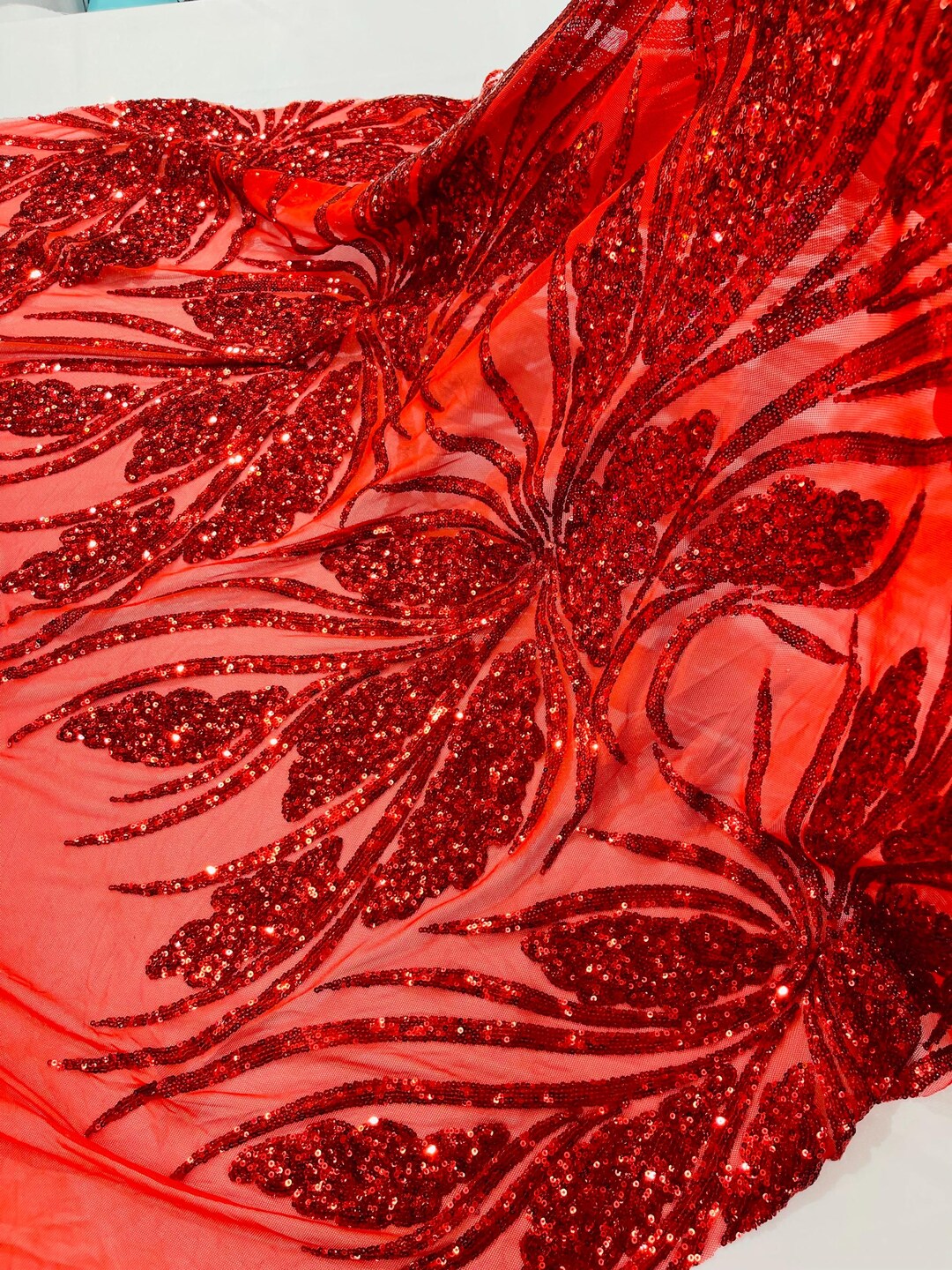 Red Embroidered Sequin Fabric 4 Way Stretch Damask Design Sequins on ...