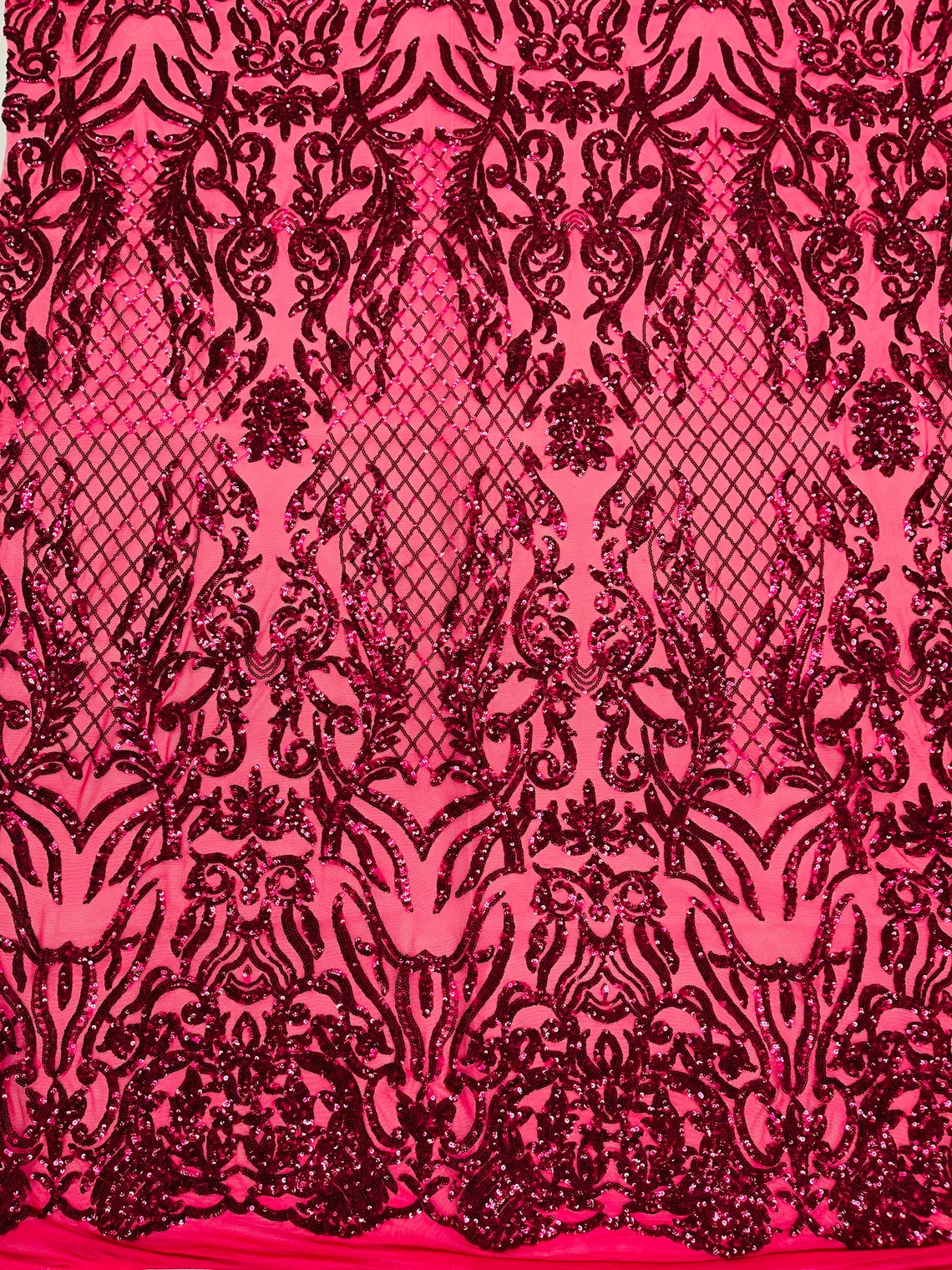 Fuchsia Sequins Lace Fabric on Mesh Damask Design Embroidered - Etsy