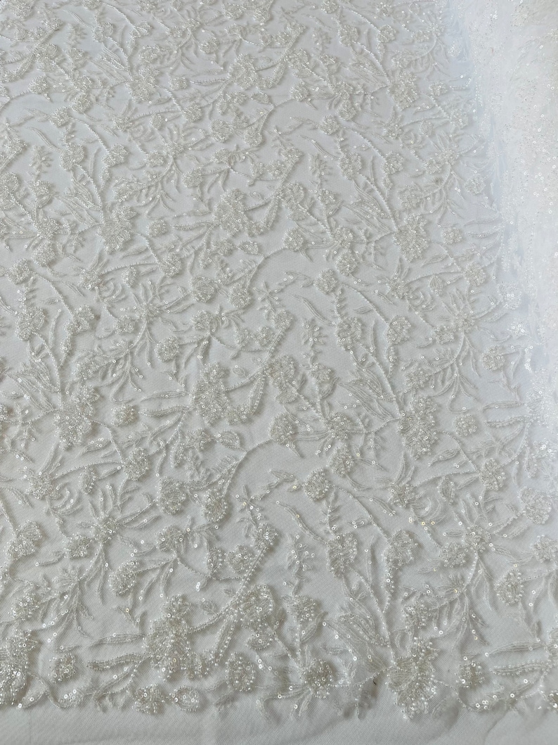 White Floral Pattern Beaded Fabric Embroidered Beaded & - Etsy