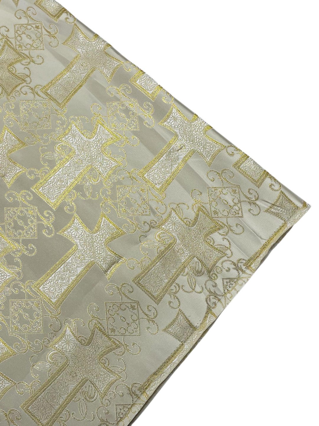 Beige Gold Liturgical Metallic Cross Brocade Fabric by the Yard ...