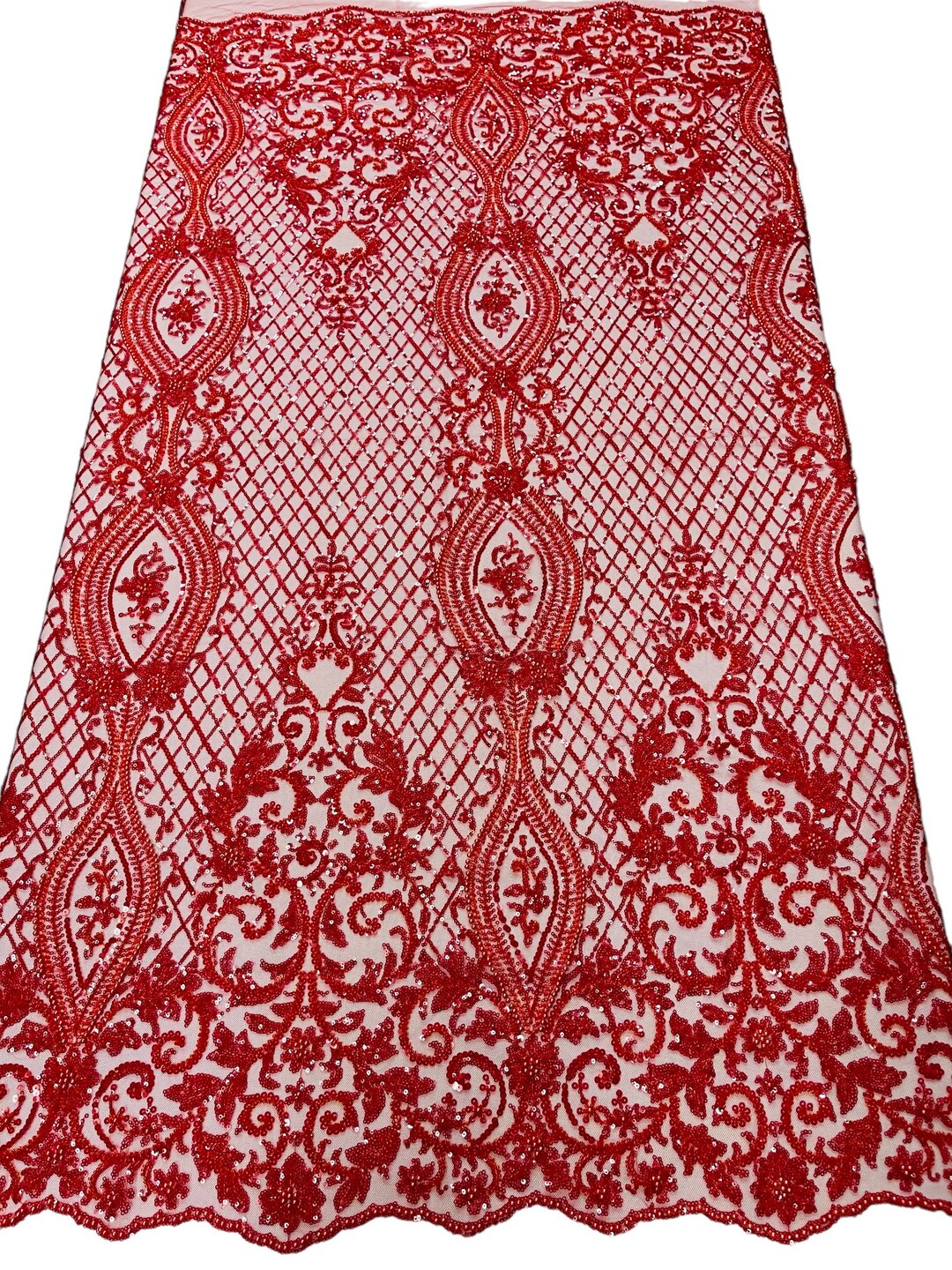 Red Fashion Design Bead Damask Fabric, Embroidered Geometric Design ...