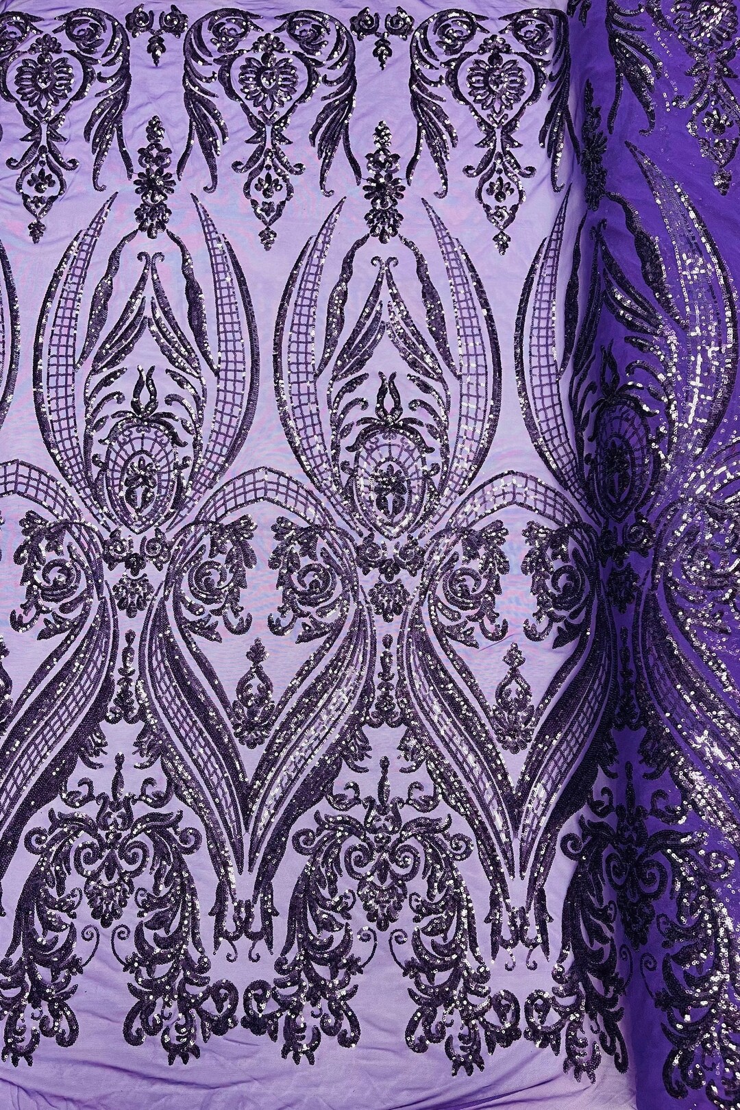 Neon Plum Sequins Fabric - 4 Way Stretch Fancy Big Damask Design ...