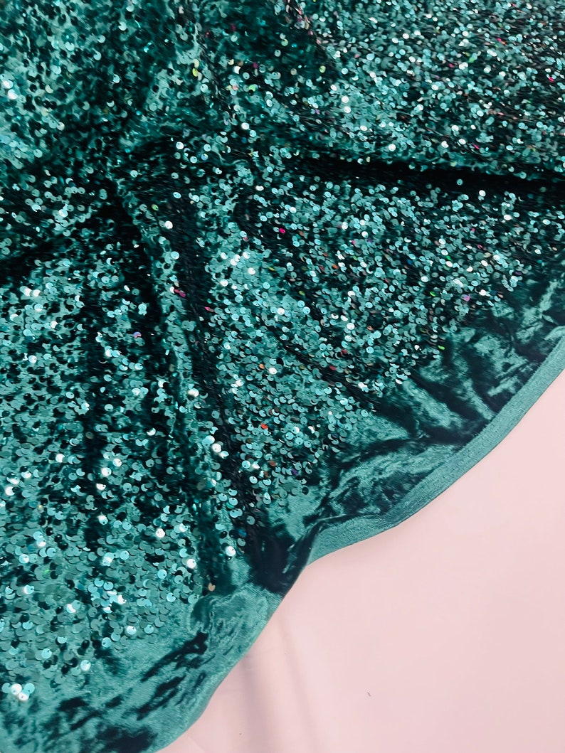Teal Sequin Fabric: Hunter Green Stretch Velvet, 5mm Sequins - by the ...