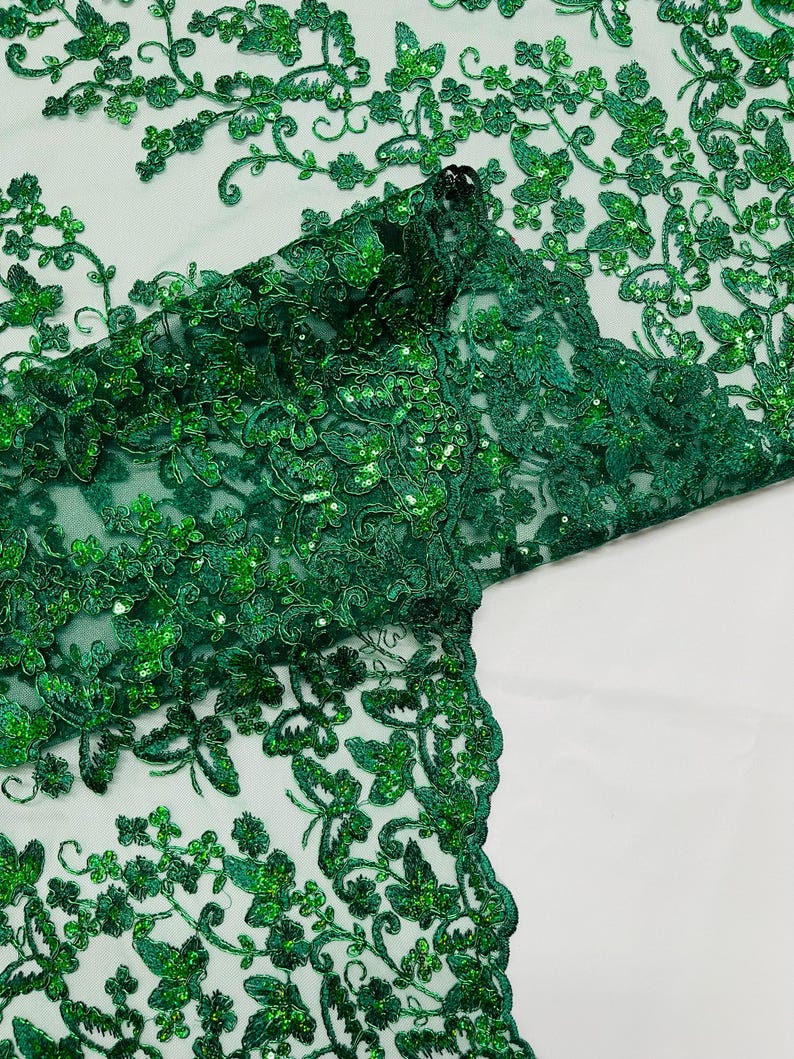 Hunter Green Hologram Sequin Butterfly Lace Fabric: Metallic Corded ...