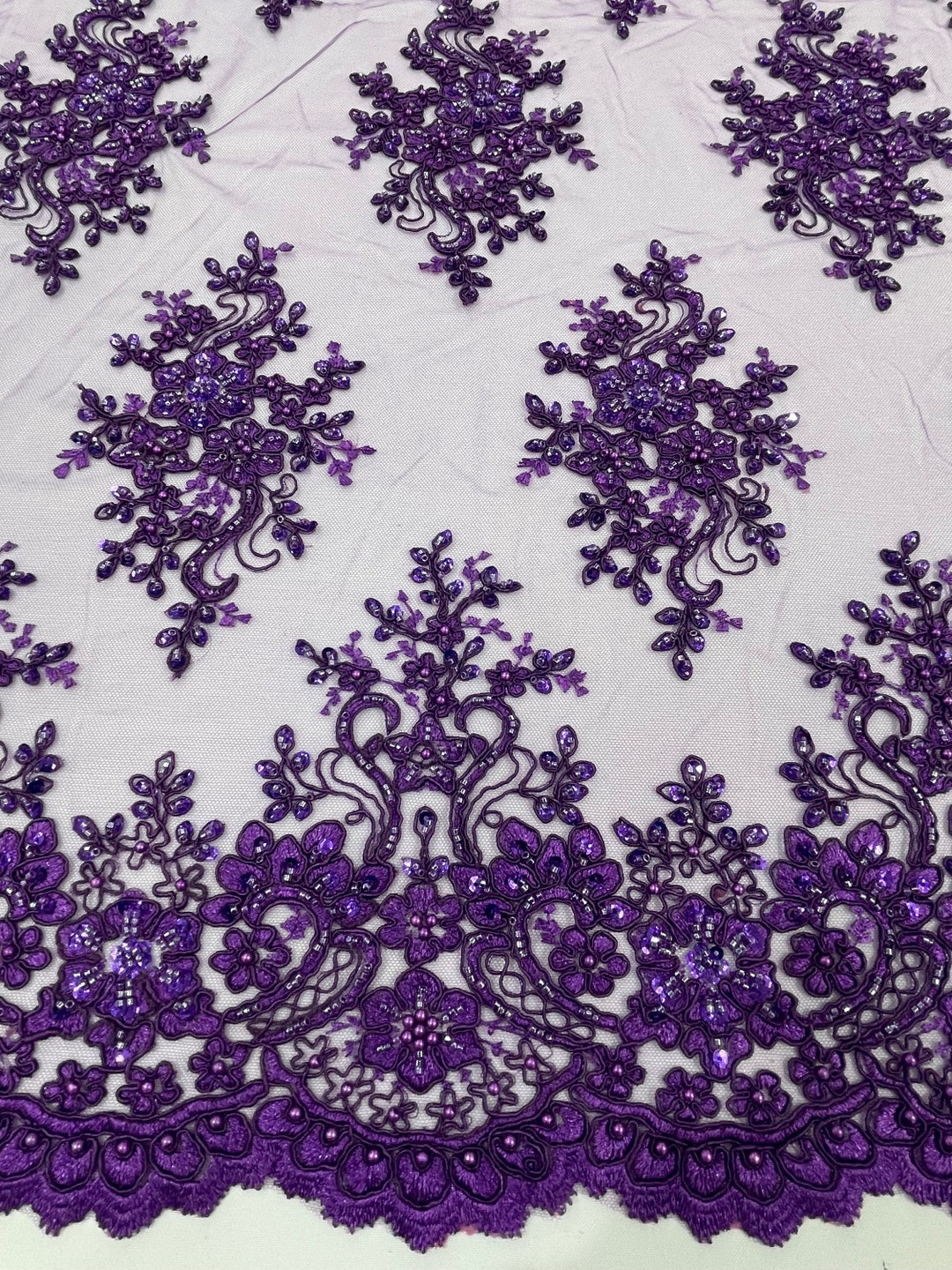 Isabela Desing | Purple Embroidery Beaded Fabric With Sequin on a Mesh ...
