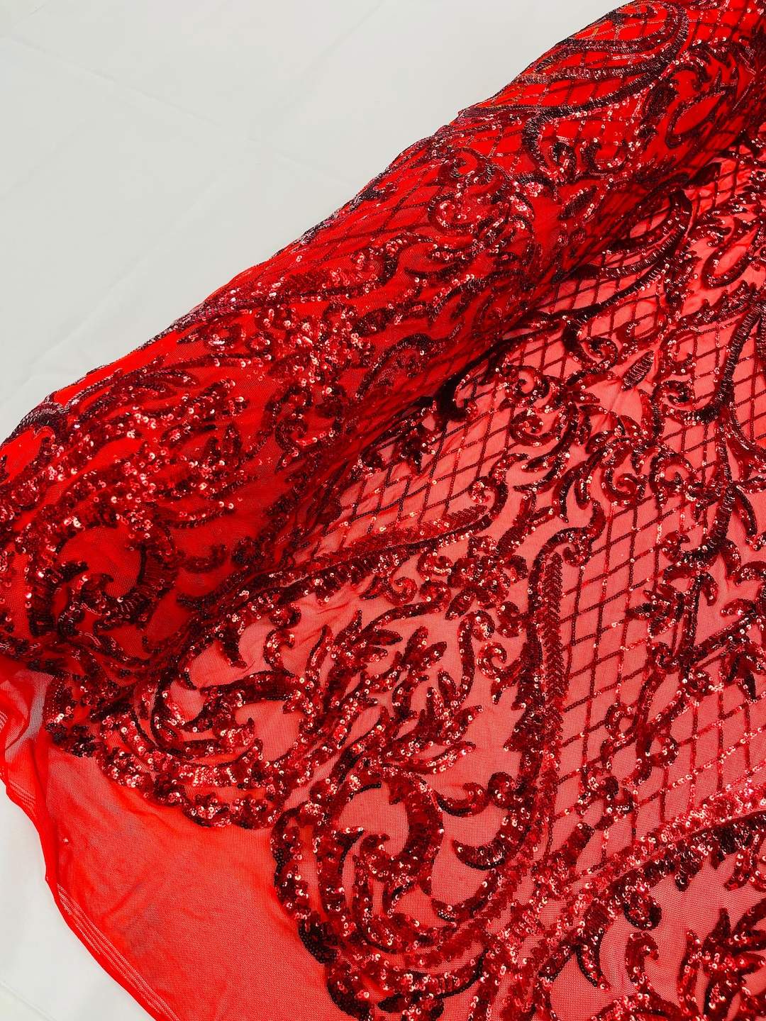 Red Sequins Fabric | 4 Way Stretch Mesh | Embroidered Damask Design ...