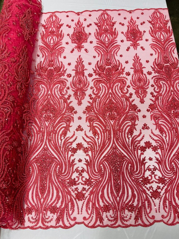 Coral Floral Design by the Yard Beaded Fabric Embroidered With Pearls and Beads on Mesh Lace Fabric Etsy Ireland
