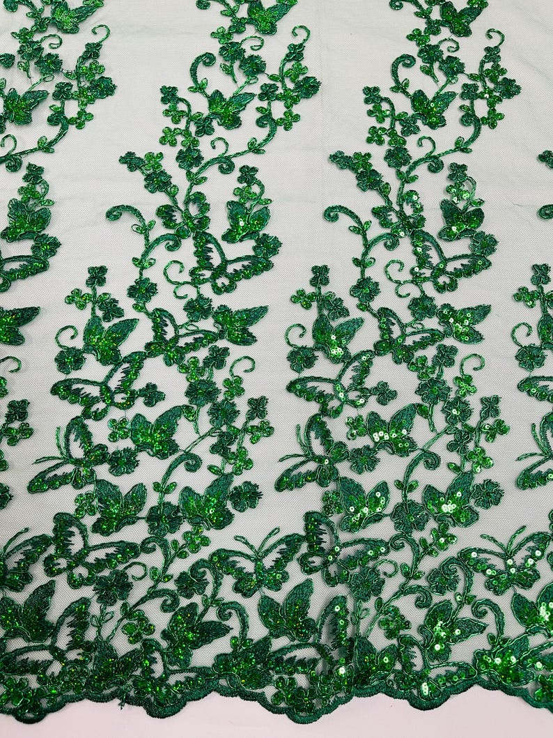 Hunter Green Hologram Sequin Butterfly Lace Fabric: Metallic Corded ...