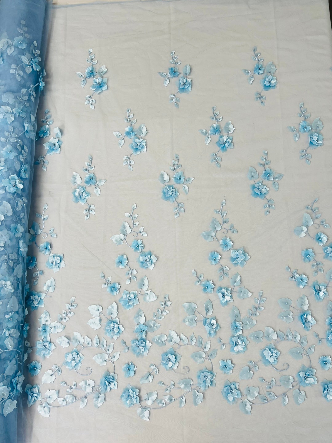 Baby Blue 3D Floral Embroidered Lace With Pearls - Prom Dress Fabric by ...